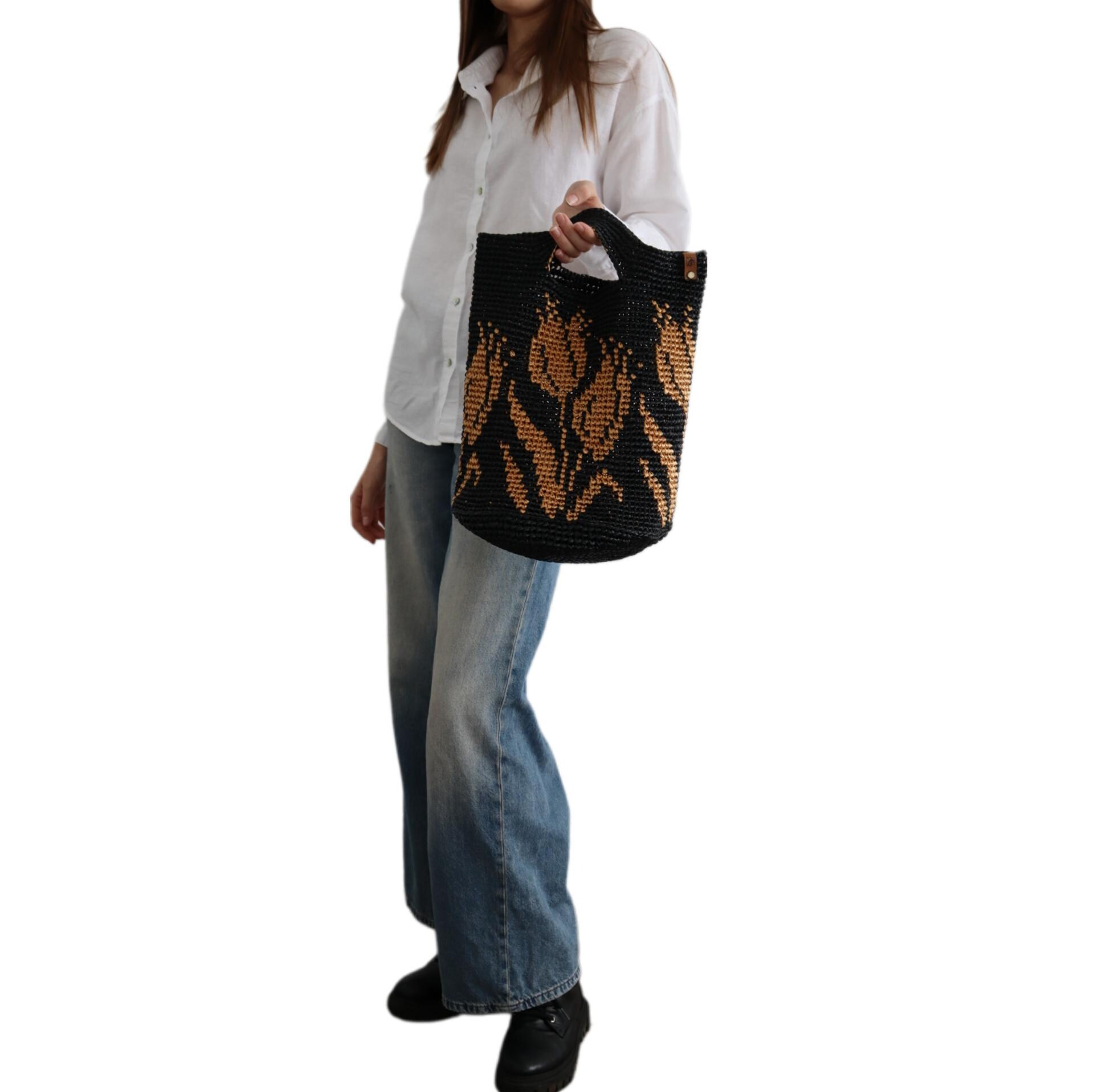 Black Raffia Bag, Golden Tulips, Luxury, Elegant Bags for Women, Ladies ...