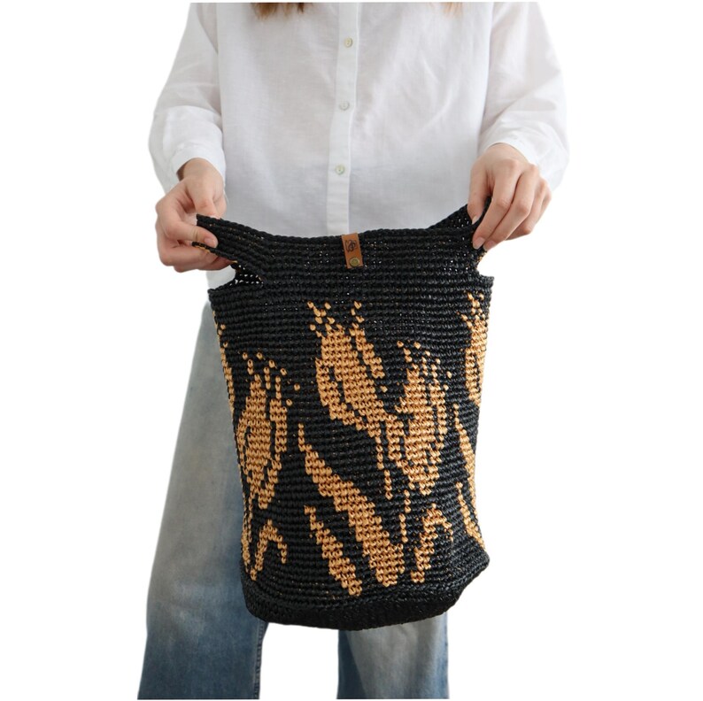 Black Raffia Bag, Golden Tulips, Luxury, Elegant Bags for Women, Ladies ...