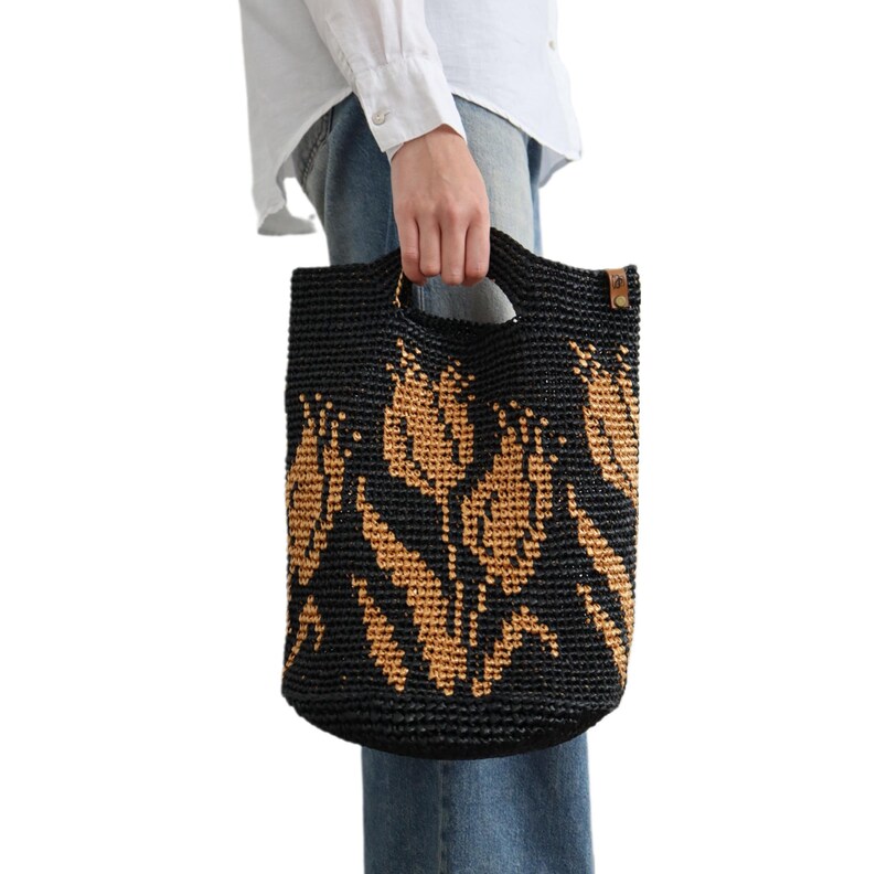 Black Raffia Bag, Golden Tulips, Luxury, Elegant Bags for Women, Ladies ...