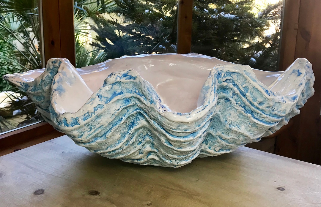 XL Azure Blue Giant Clam Shell Sculpture Art Ornament Bowl Handmade for ...