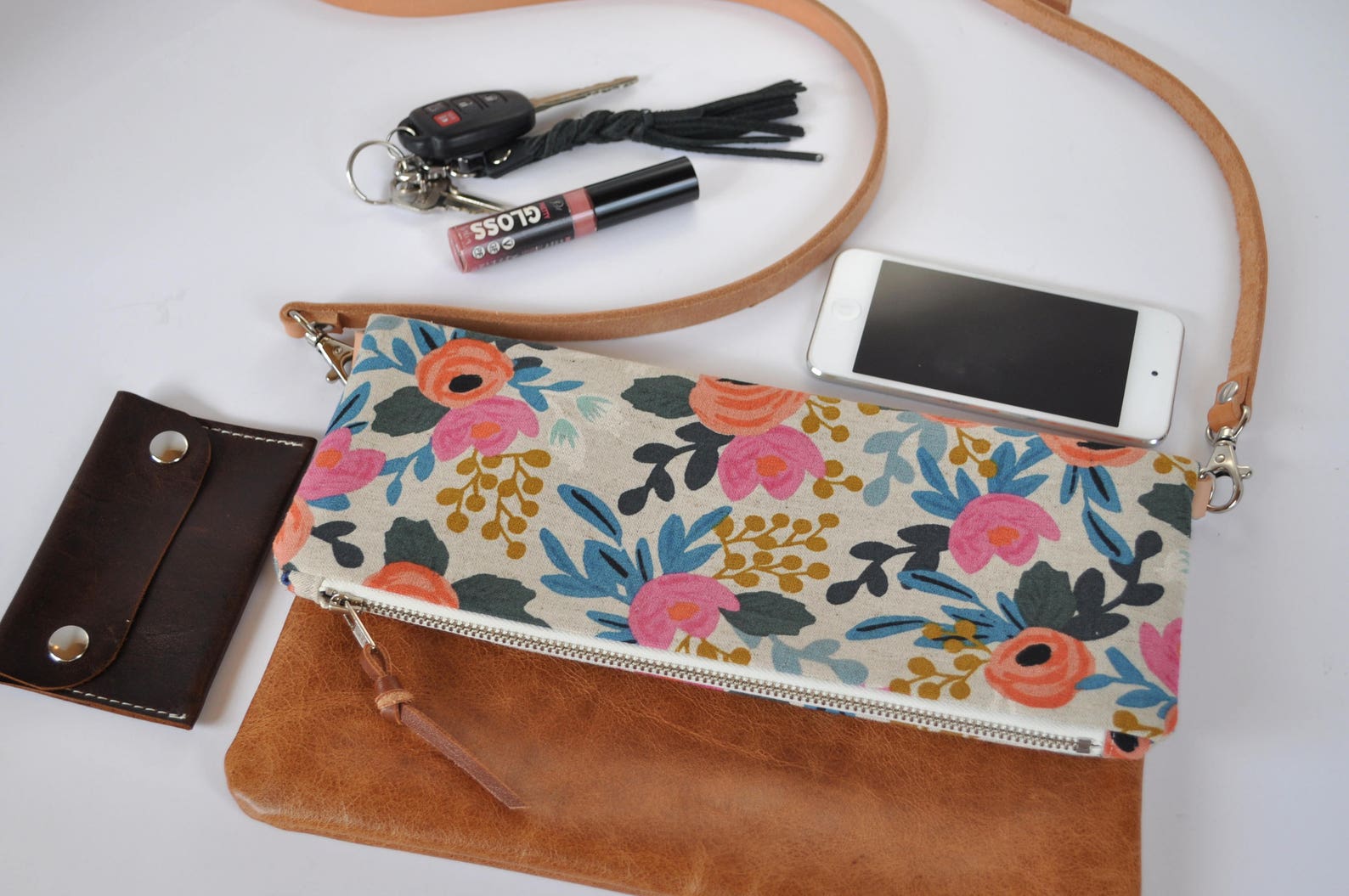 Floral and Brown Leather Crossbody Foldover Clutch Rifle - Etsy