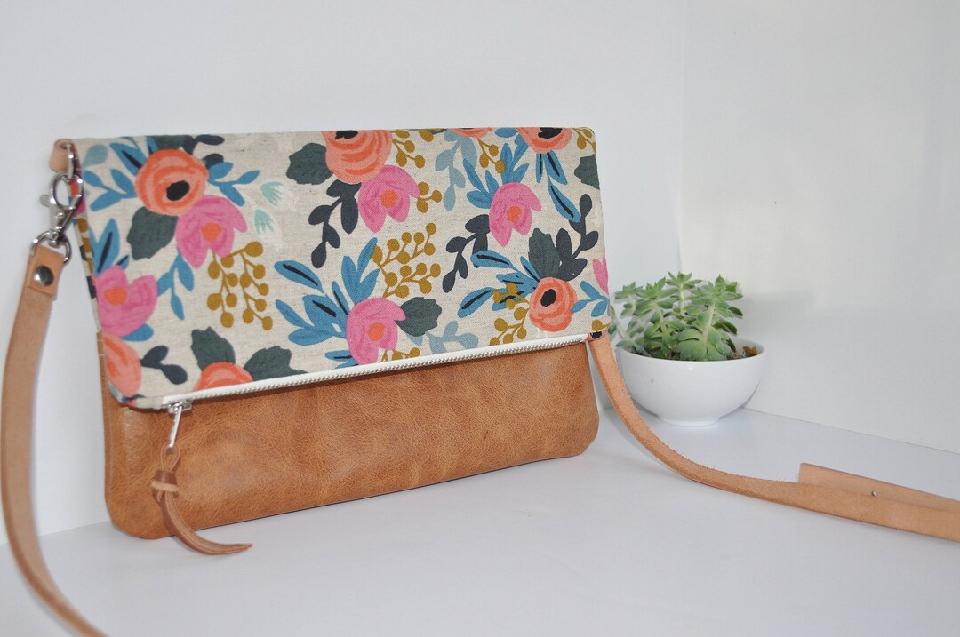 Floral and Brown Leather Crossbody Foldover Clutch Rifle - Etsy