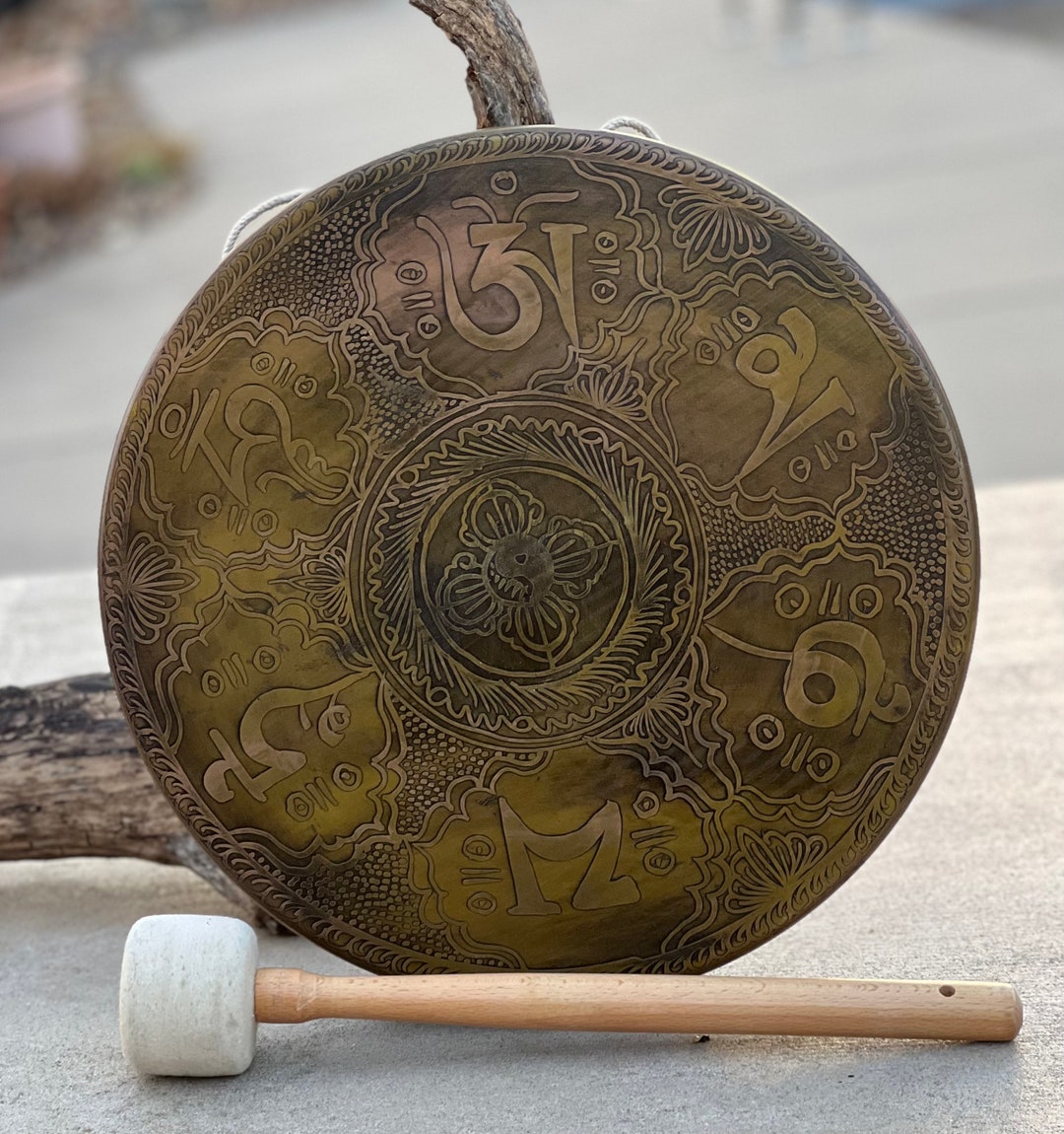 Tibetan Om Mani Gong 14 Inches Diameter Handmade, Temple Gong Healing ...