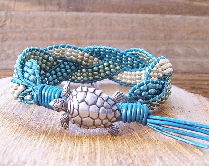 Sea Turtle Beaded Braided Leather Wrap Cuff Bracelet Beaded - Etsy