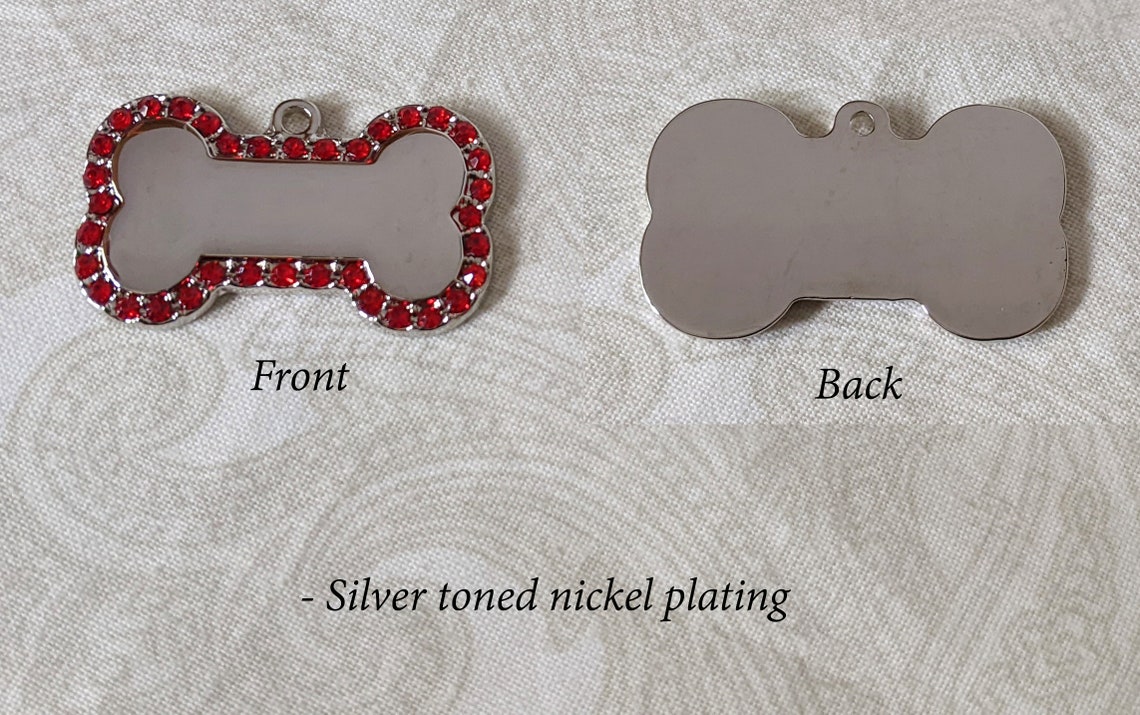 Red CZ Crystal Silver Tone Bone Tag - Personalized Diamond Engraving ...