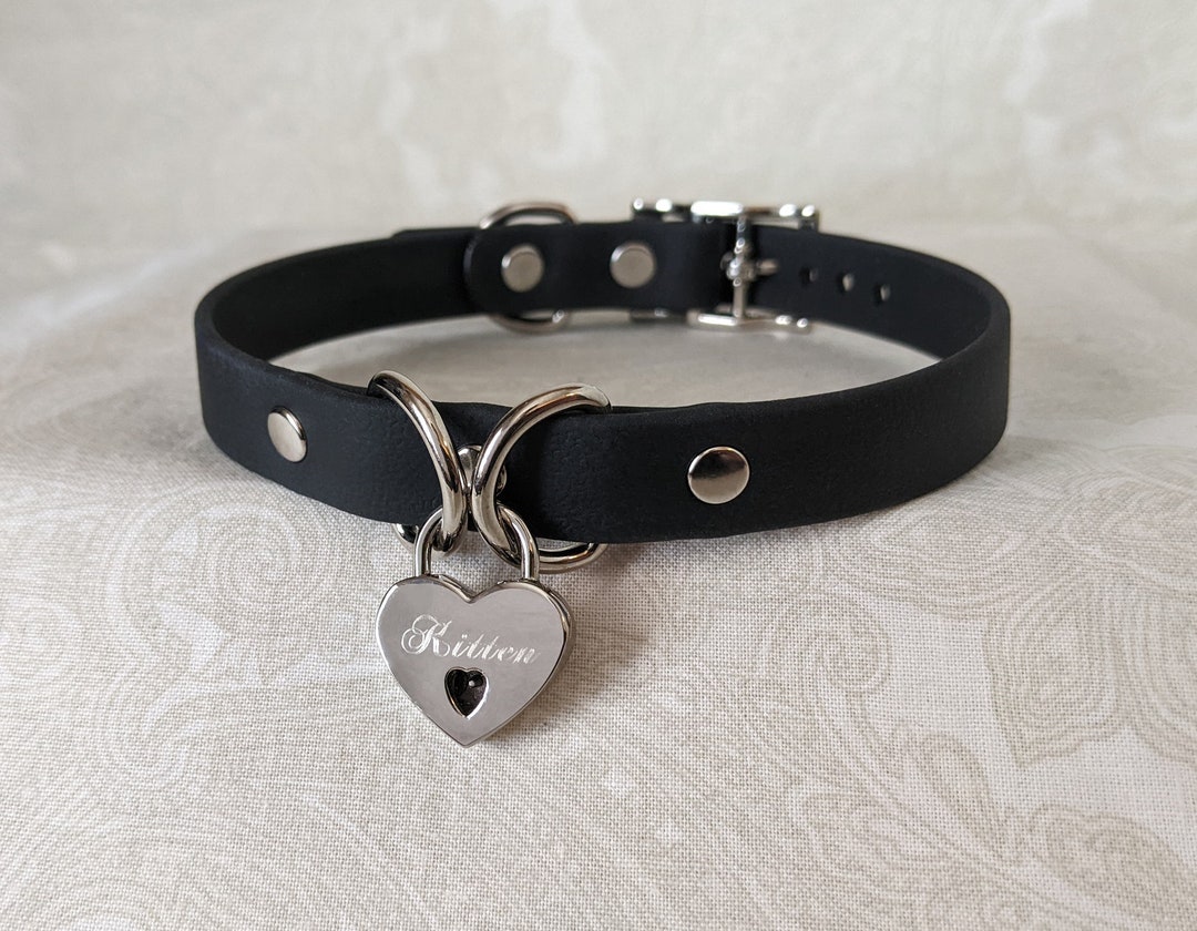 5/8" Vegan Leather Dring Engraved Small Heart Lock Collar Choker ...