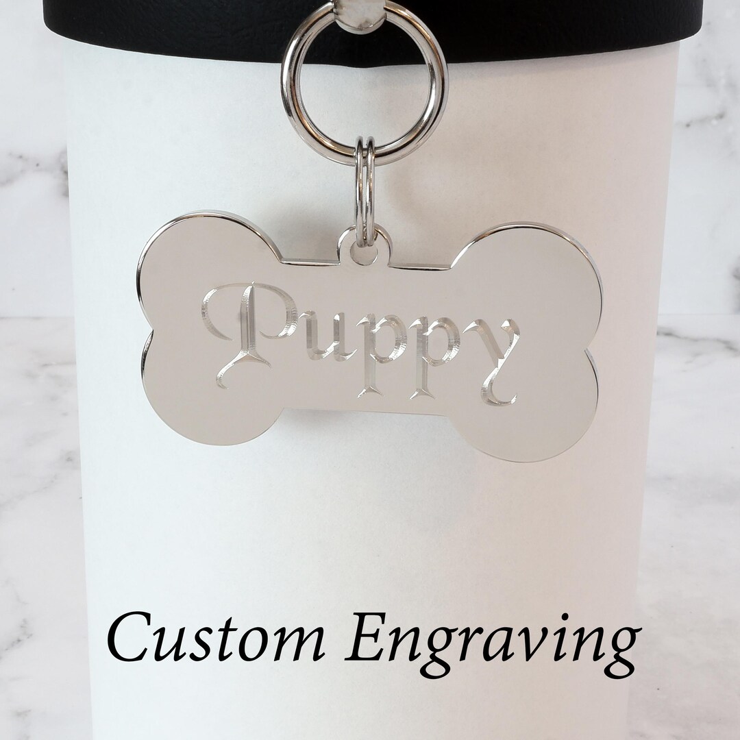 XL Silver Tone Bone Tag - Personalized Diamond Engraving - Pet Tag ...