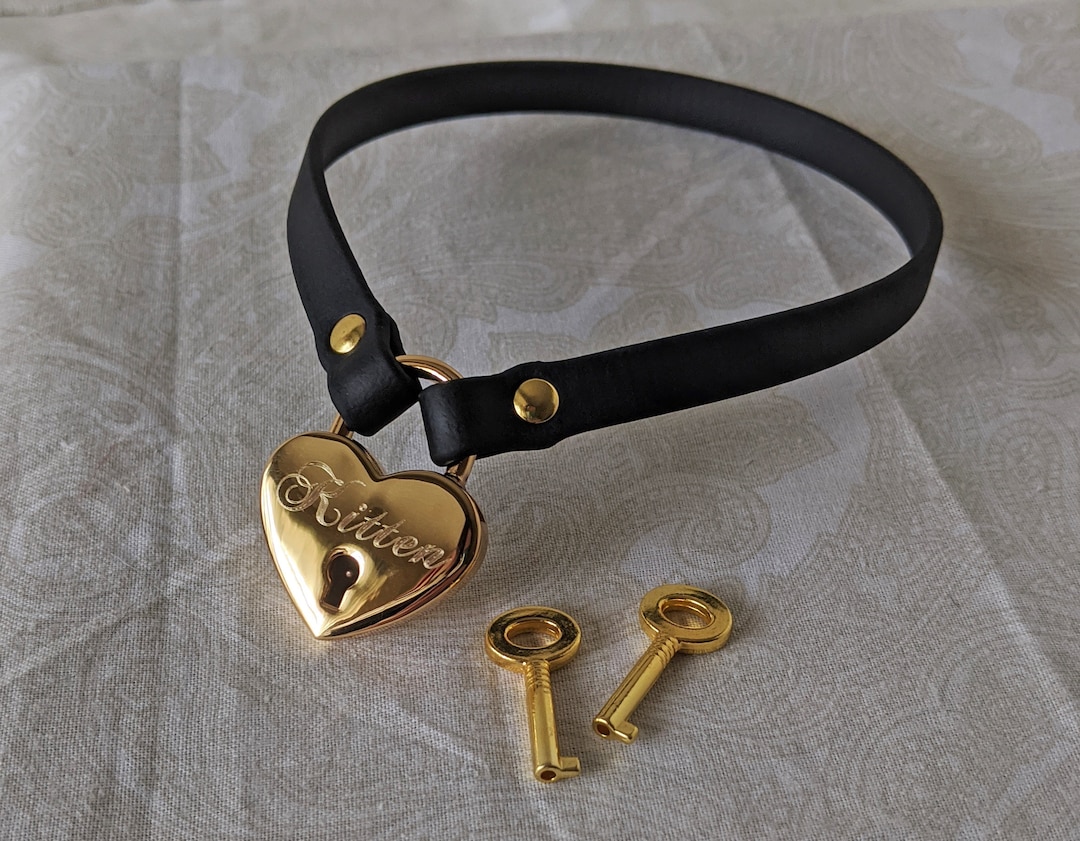 3/8" Vegan Leather Gold Heart Lock Collar - Custom Engraving | Petite ...