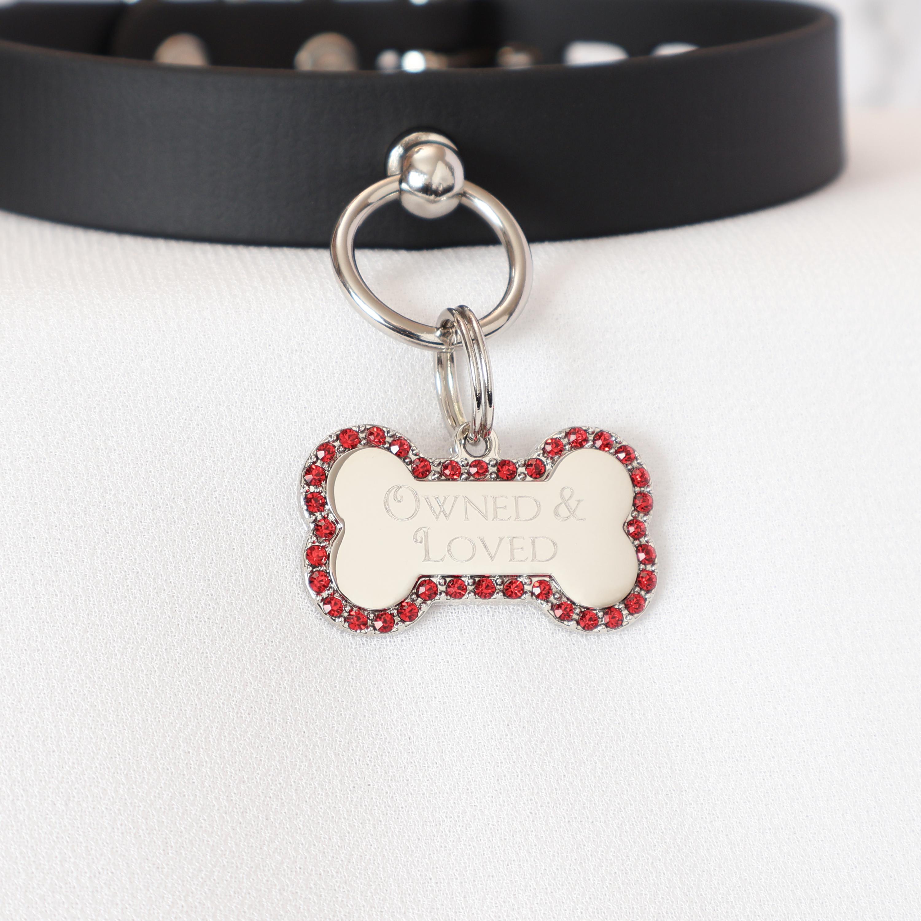 Red CZ Crystal Silver Tone Bone Tag - Personalized Diamond Engraving ...