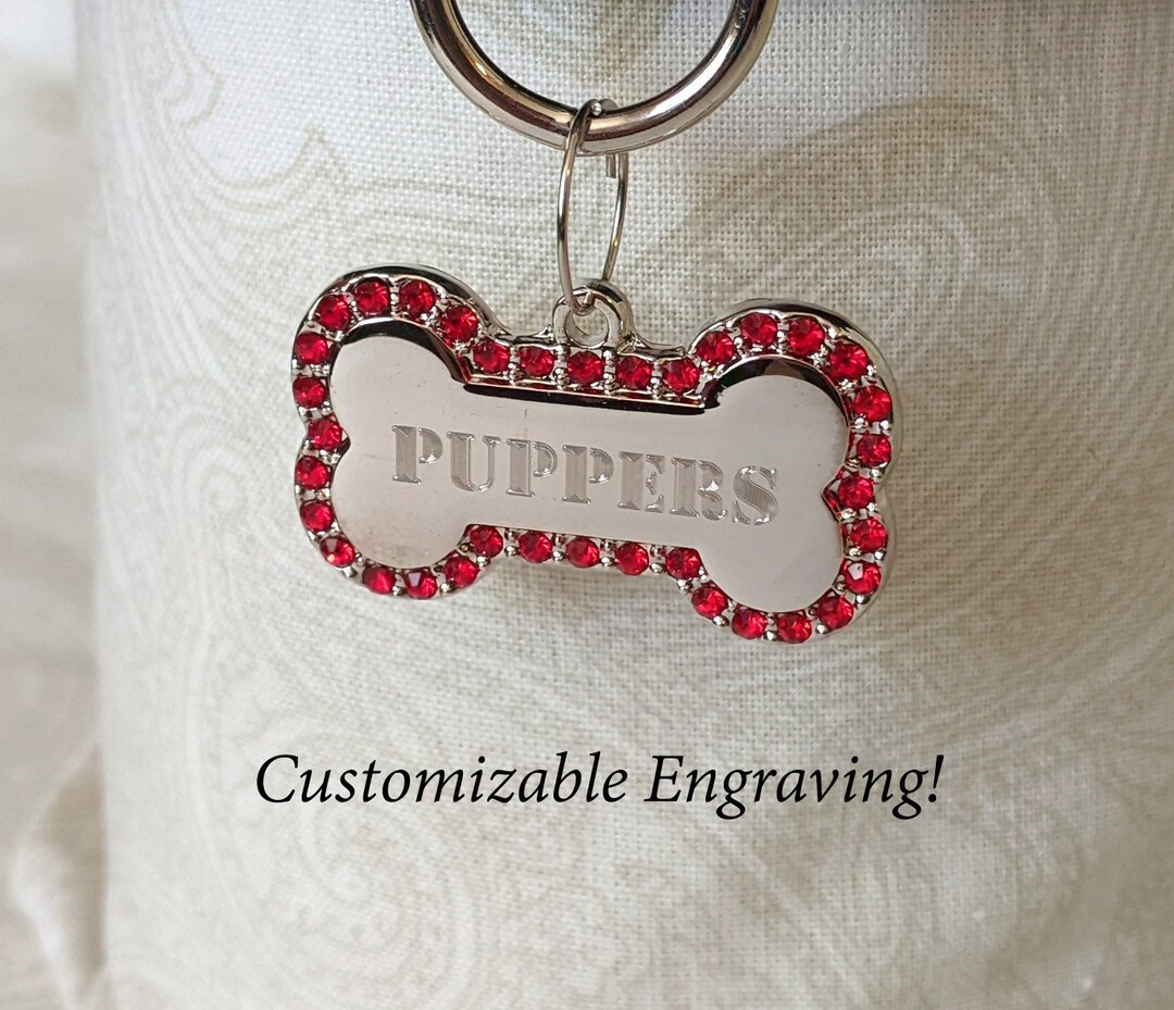Red CZ Crystal Silver Tone Bone Tag - Personalized Diamond Engraving ...