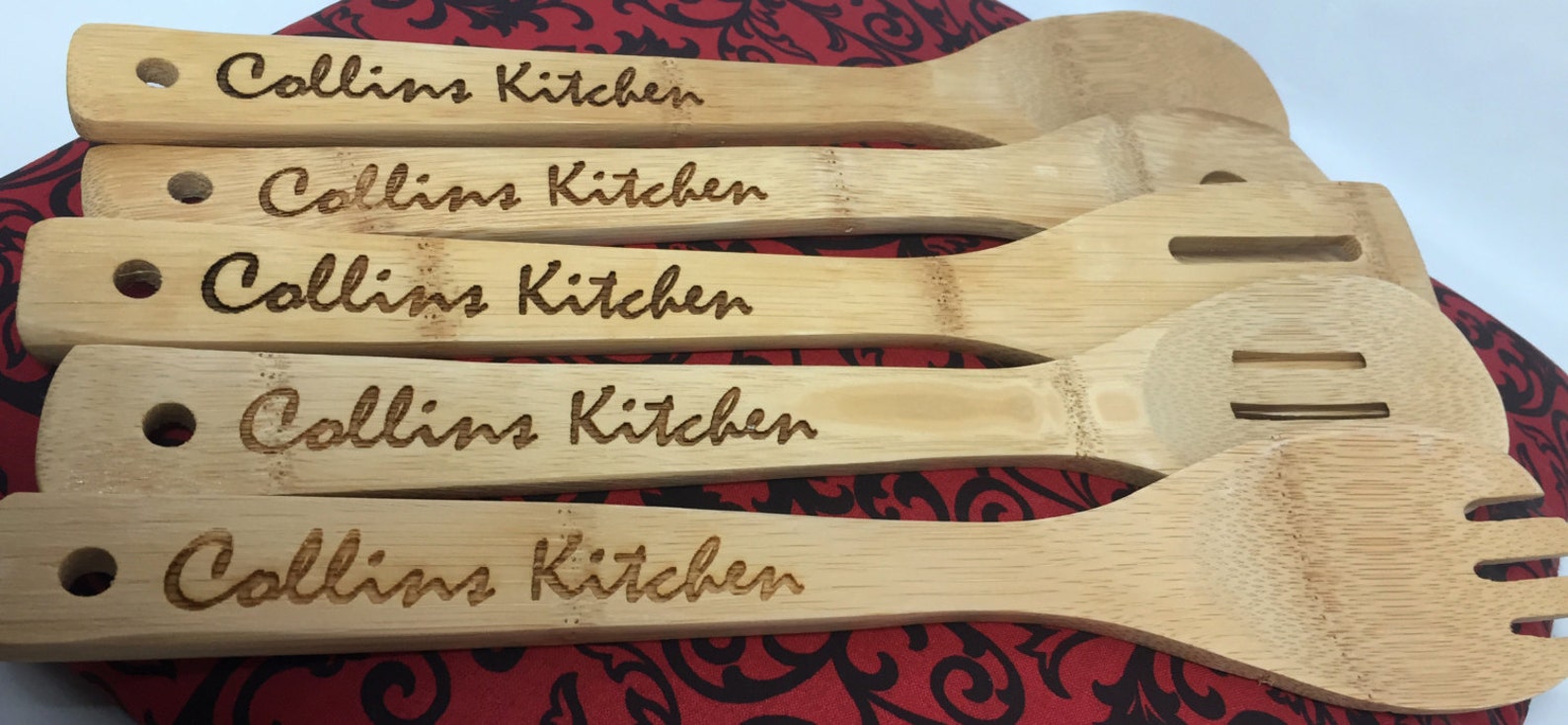 Personalized Set of 5 Custom Bamboo Wooden Spoons, Cooking Utensil, for ...