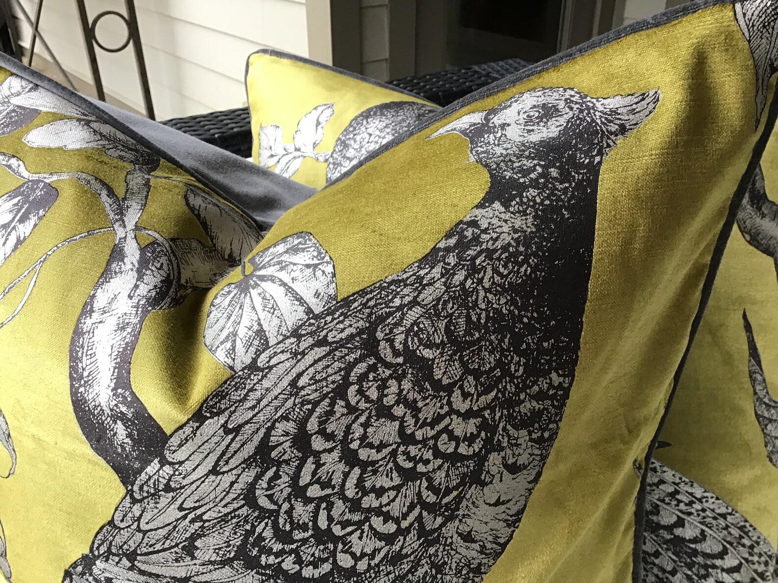 Zoffany DARNLEY TOILE VELVET in Chartreuse and Gray Birdscene | Etsy