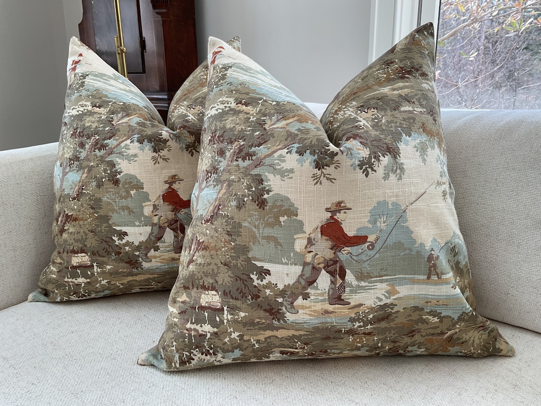 Avondale Vintage Fishing (or Hunting) Scene in Toile Pillow Cover - Etsy