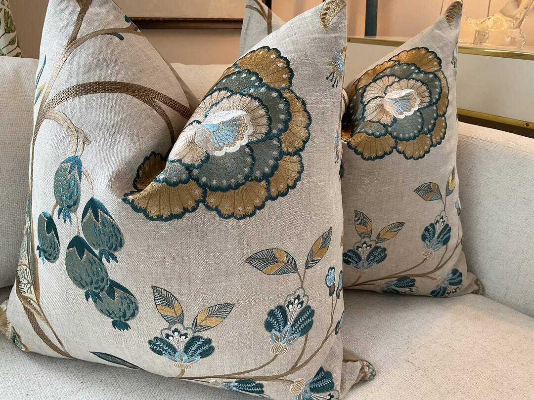 Lee Jofa Manor House Aston Embroidery in Teal Pillow Cover - Etsy