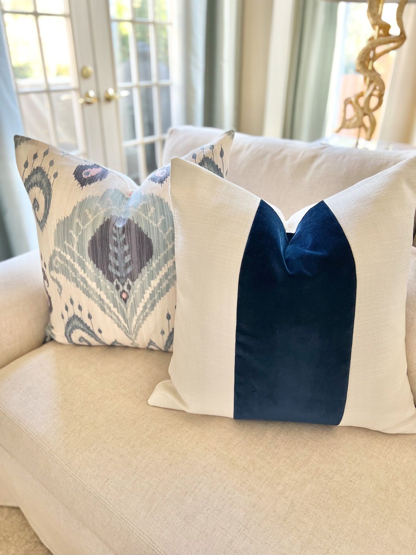 Classic Midnight Blue Velvet Panel With Oatmeal Linen Pillow Cover - Etsy