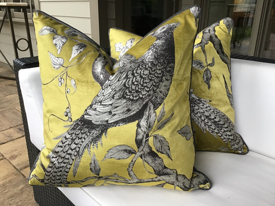 Zoffany DARNLEY TOILE VELVET in Chartreuse and Gray Birdscene Pillow ...