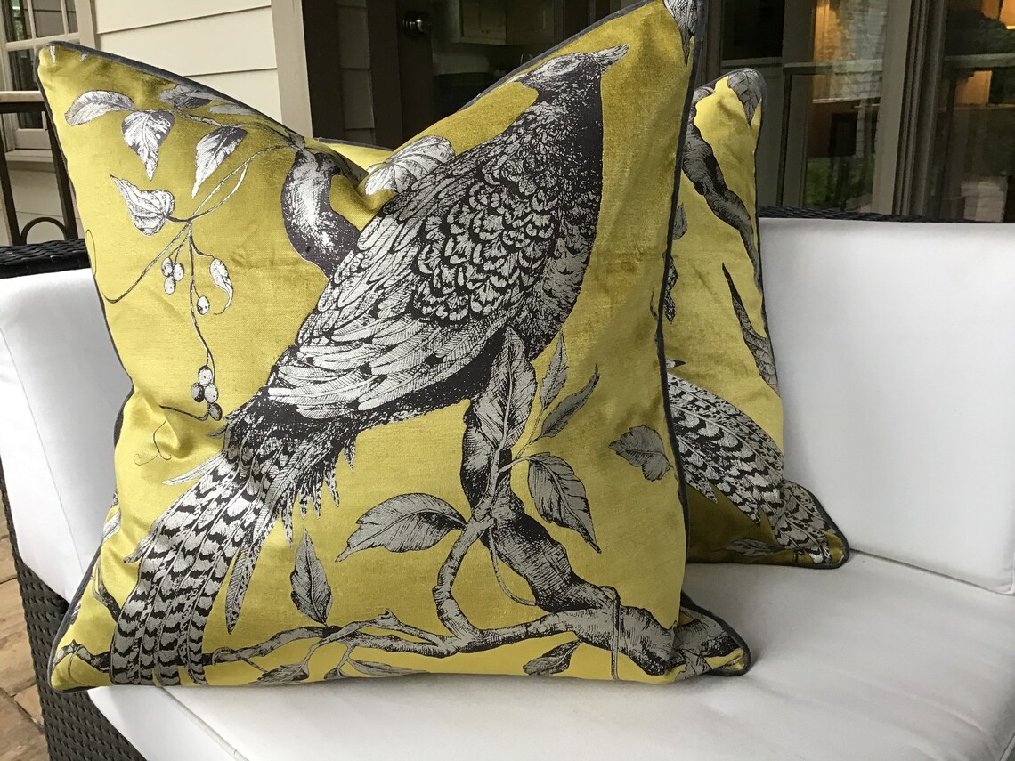 Zoffany DARNLEY TOILE VELVET in Chartreuse and Gray Birdscene | Etsy