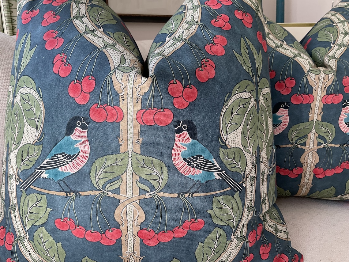 GP and J Baker “birds and Cherries" in Indigo Blue Pillow Cover(s) - Etsy