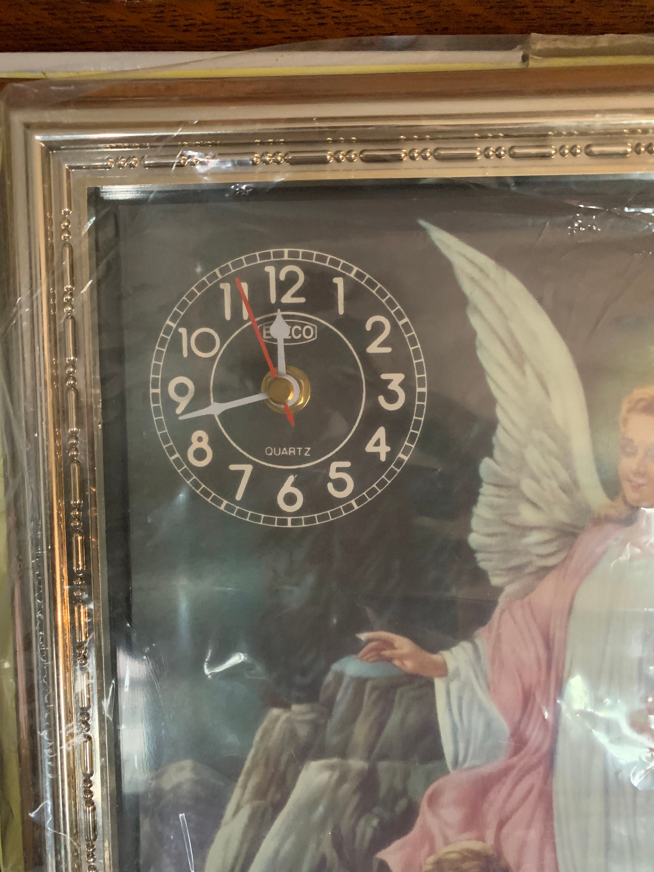 NIB Vintage Eleco Guardian Angel Gold Framed Wall Clock Quartz Movement ...