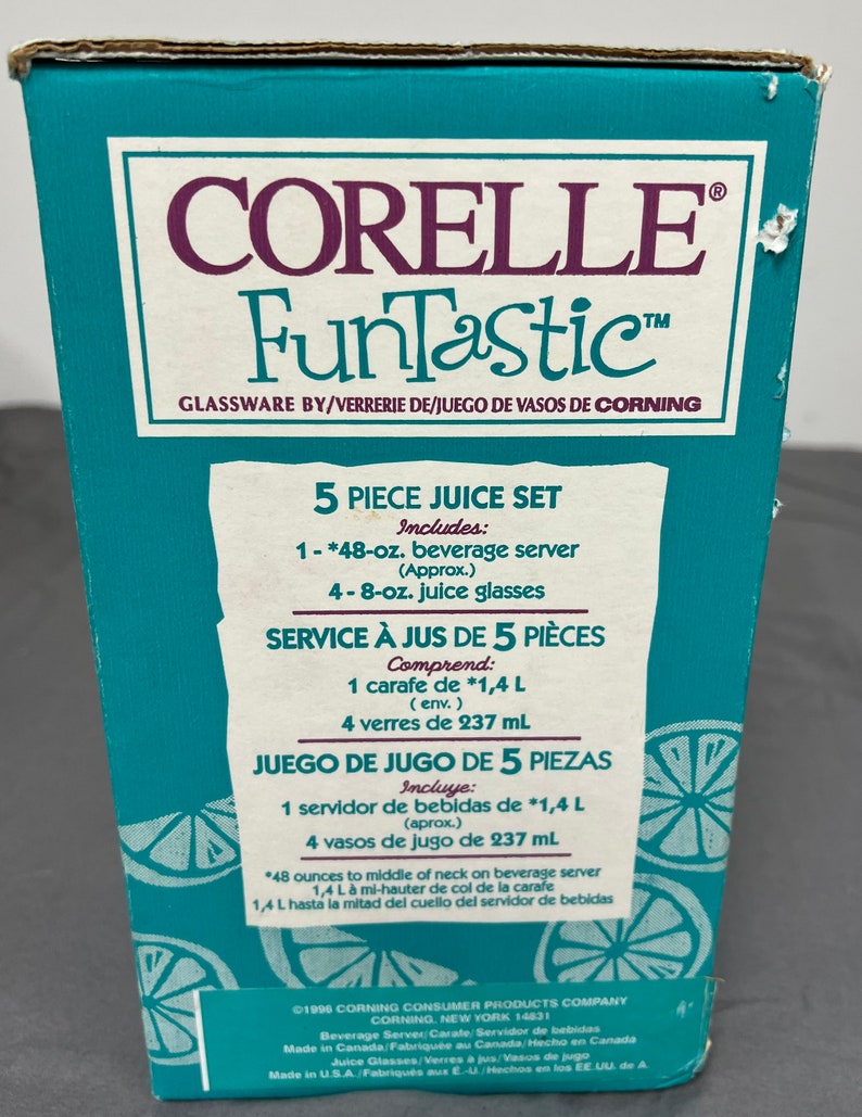 Vintage Corelle Funtastic Glass Juice Set Four Glasses Pitcher Fruit ...