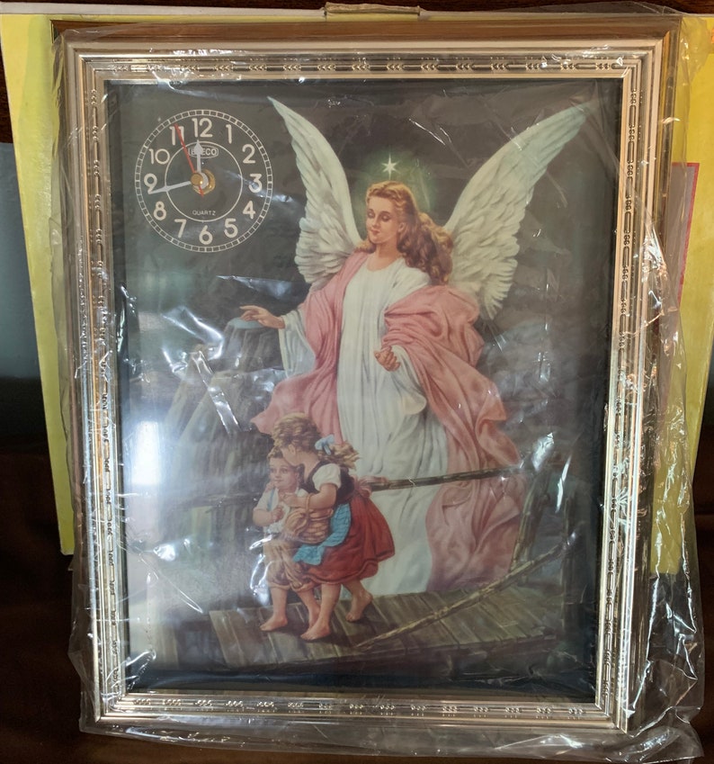 NIB Vintage Eleco Guardian Angel Gold Framed Wall Clock Quartz Movement ...