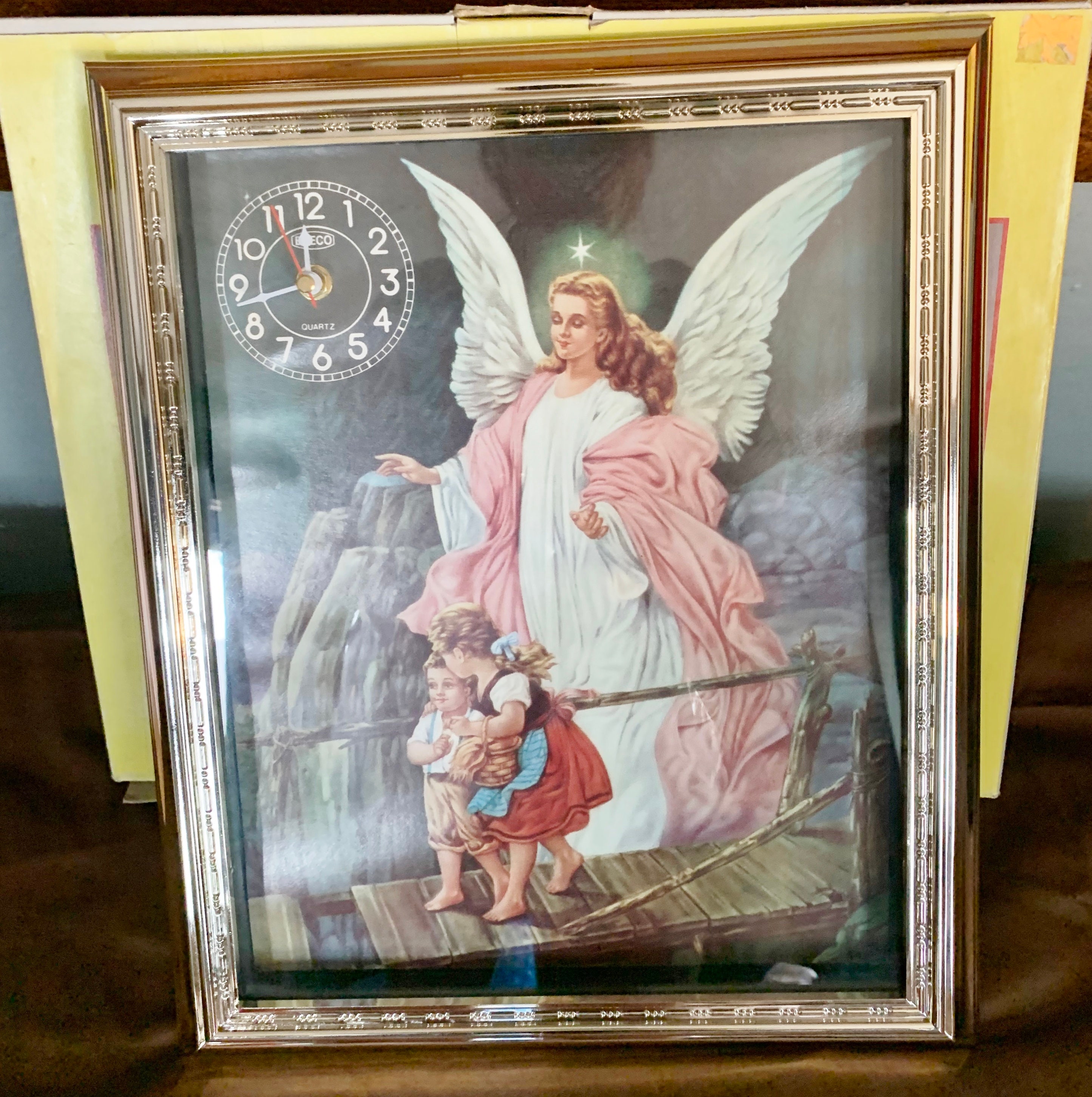 NIB Vintage Eleco Guardian Angel Gold Framed Wall Clock Quartz Movement ...