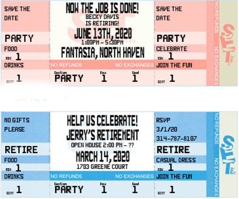 Retirement Party Ticket Invitations- Authentic & Personalized- QTY 20 ...