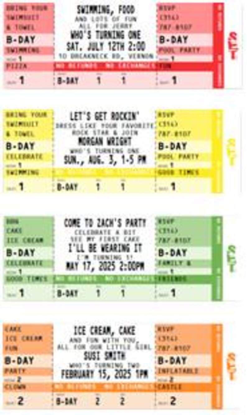 Birthday Party Ticket Invitations- Authentic & Personalized- QTY 20 - Etsy