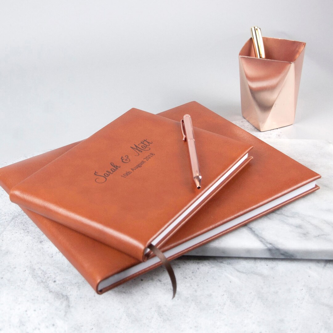 Personalized Tan Hide Leather Guest Book | Personalised With Names ...