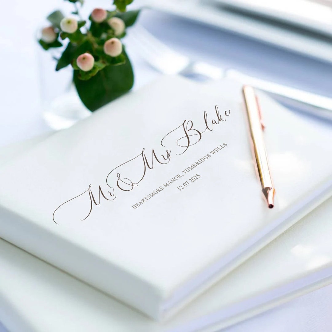 Simple Script Guest Book | Italian Hide Leather | Personalised White or ...