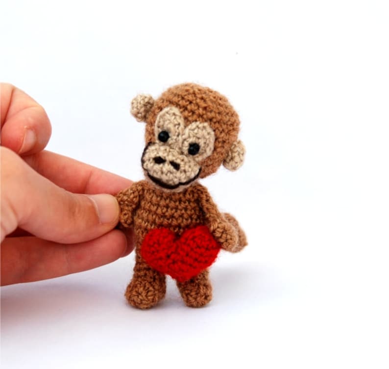 Miniature Monkey Doll With Red Heart, Tiny Crocheted Animal, Mini ...