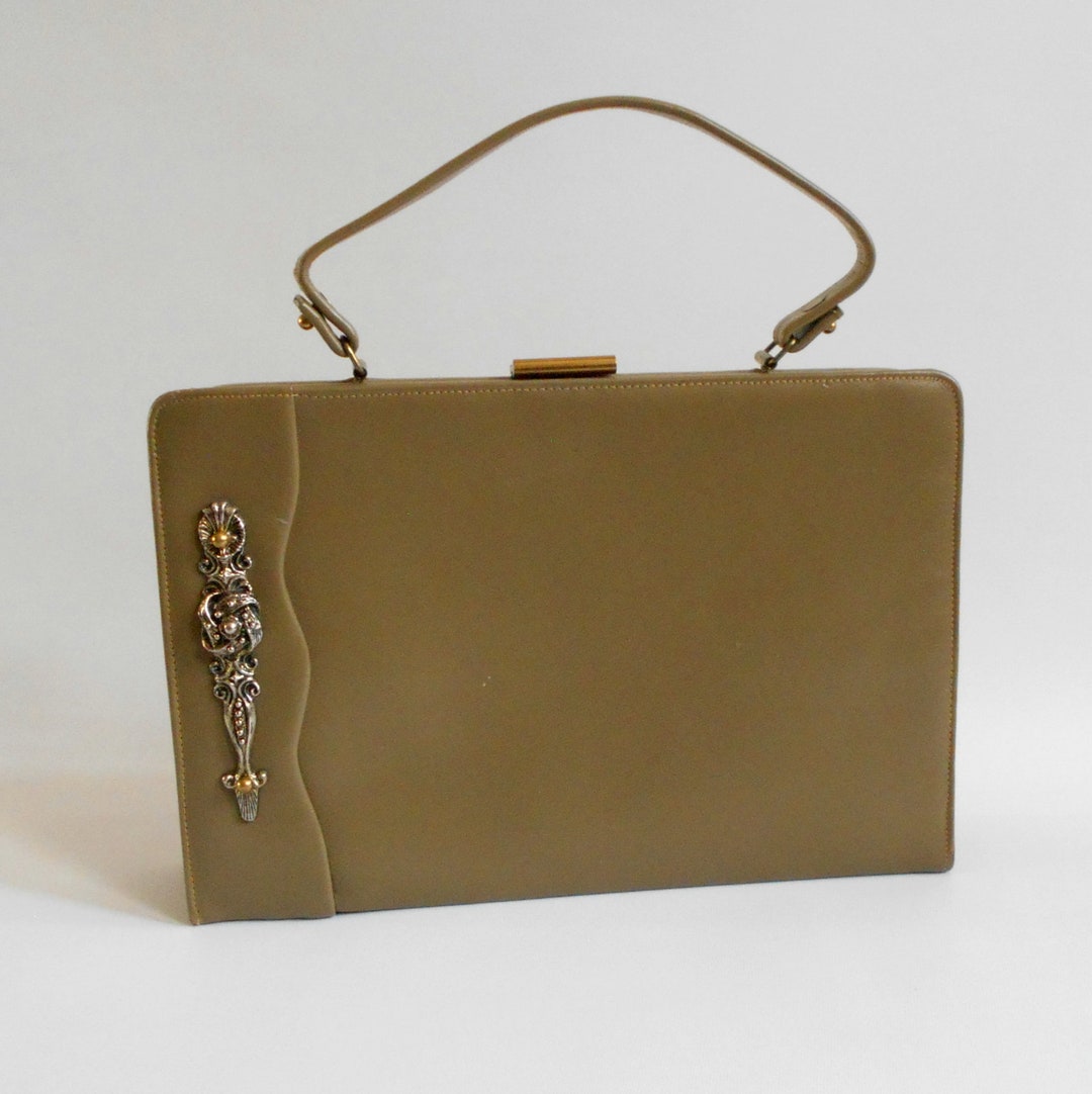 Del Zan of New York Purse Olive Green Baroque Metal Medallion Decor Mid ...