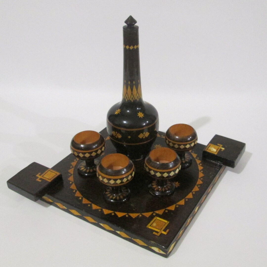 Russian Wood Decanter Set Inlaid Wood Design Bottle Four Cups Square ...