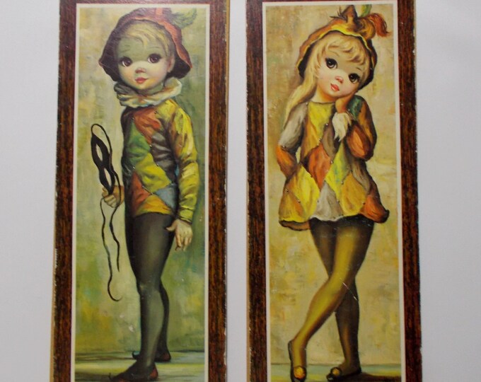 Maio Lithograph Set Harlequin Girl Boy Vintage Big Eyes Print Mid ...