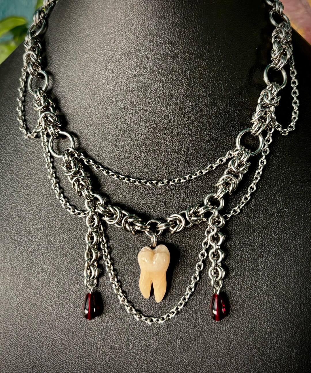 Byzantine Chainmail Blood Drop Tooth Necklace Stainless Steel ...