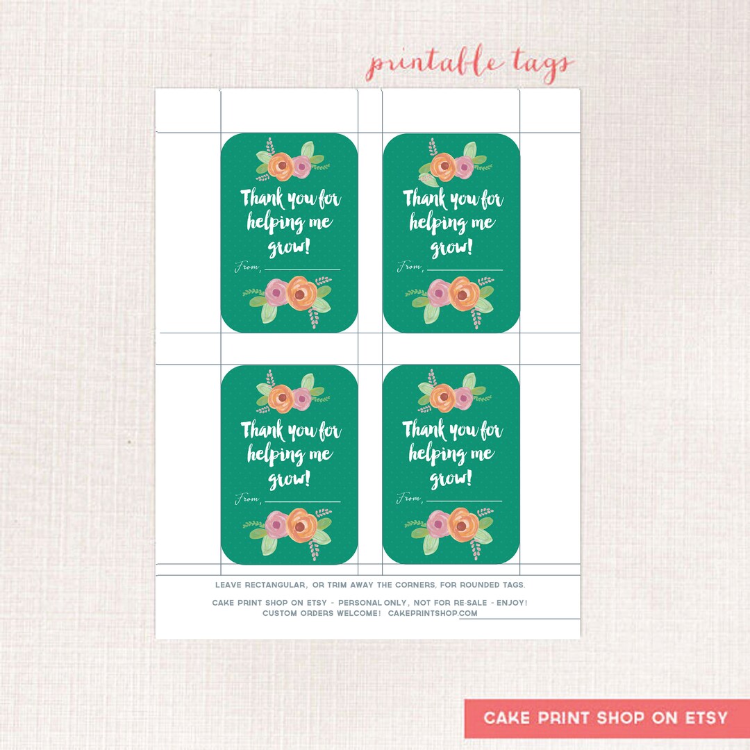 Thank You for Helping Me Grow, Floral Teacher Thank You Tag, Flowers ...