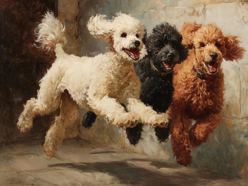 Three Playful Poodles in Action, Poster Print, Posters, Wall Art Decor ...