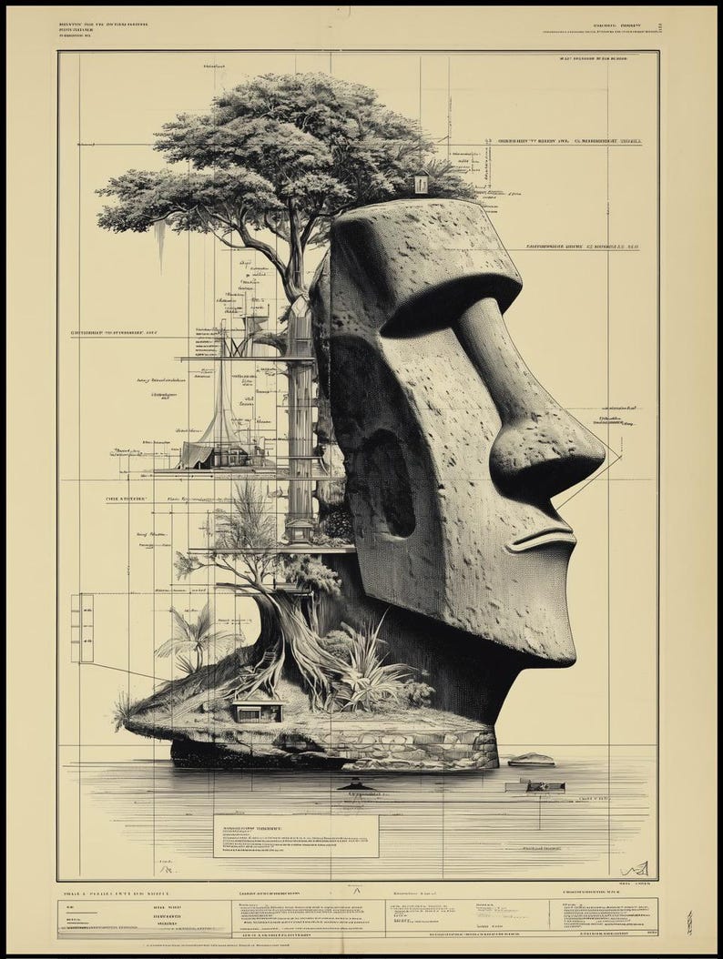 Moai Head Architectural Drawing, Fantasy Island Statue (digital ...