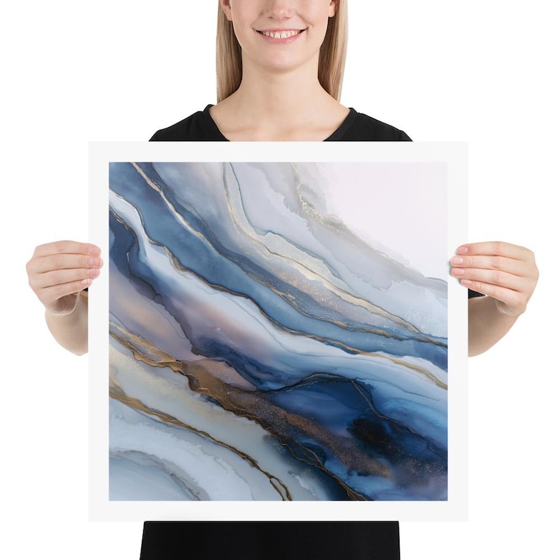 Blue and Gold Abstract Waves Art Print, Modern Coastal Decor - Etsy UK