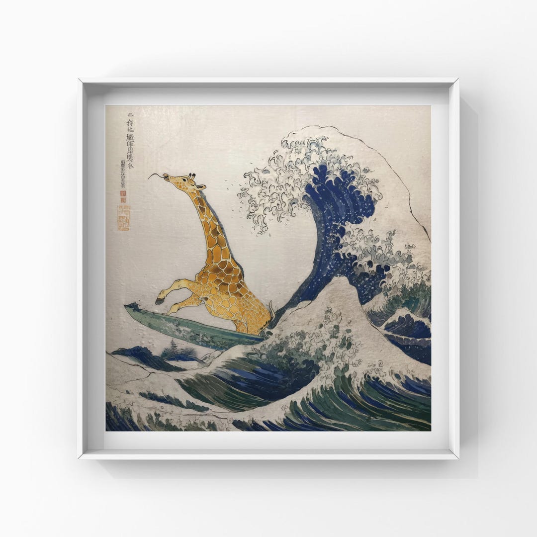 Surfing Giraffe Print – Japanese Woodblock Style Seascape (digital ...