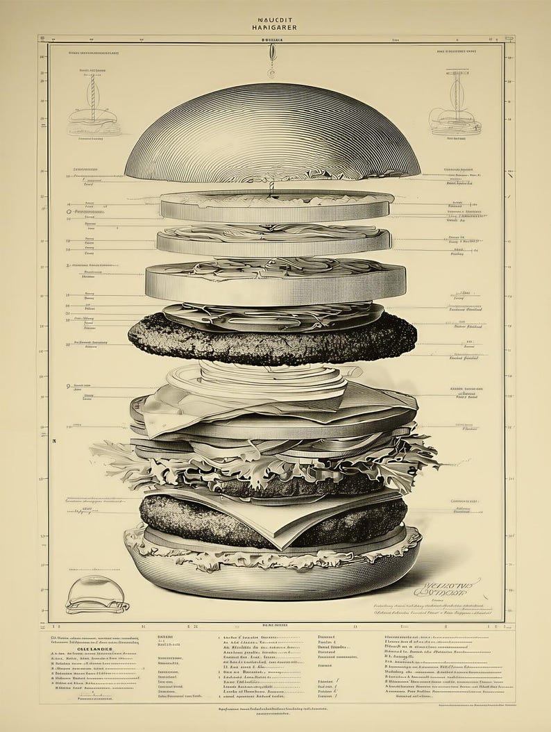 Vintage Hamburger Anatomy Diagram Print | Burger Lover Wall Art ...
