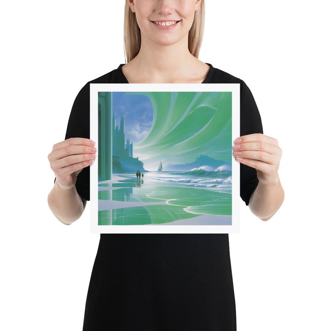 Serene Beach With Figures Walking , Poster Print, Posters, Wall Art ...