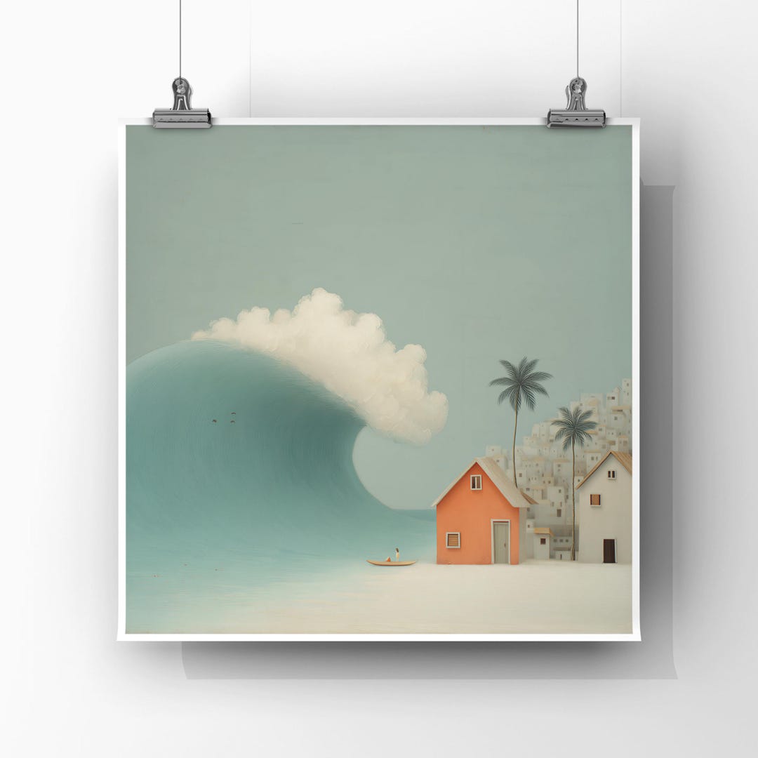 Surreal Tsunami Seascape Print – Coastal Village, Ocean Wave (digital ...