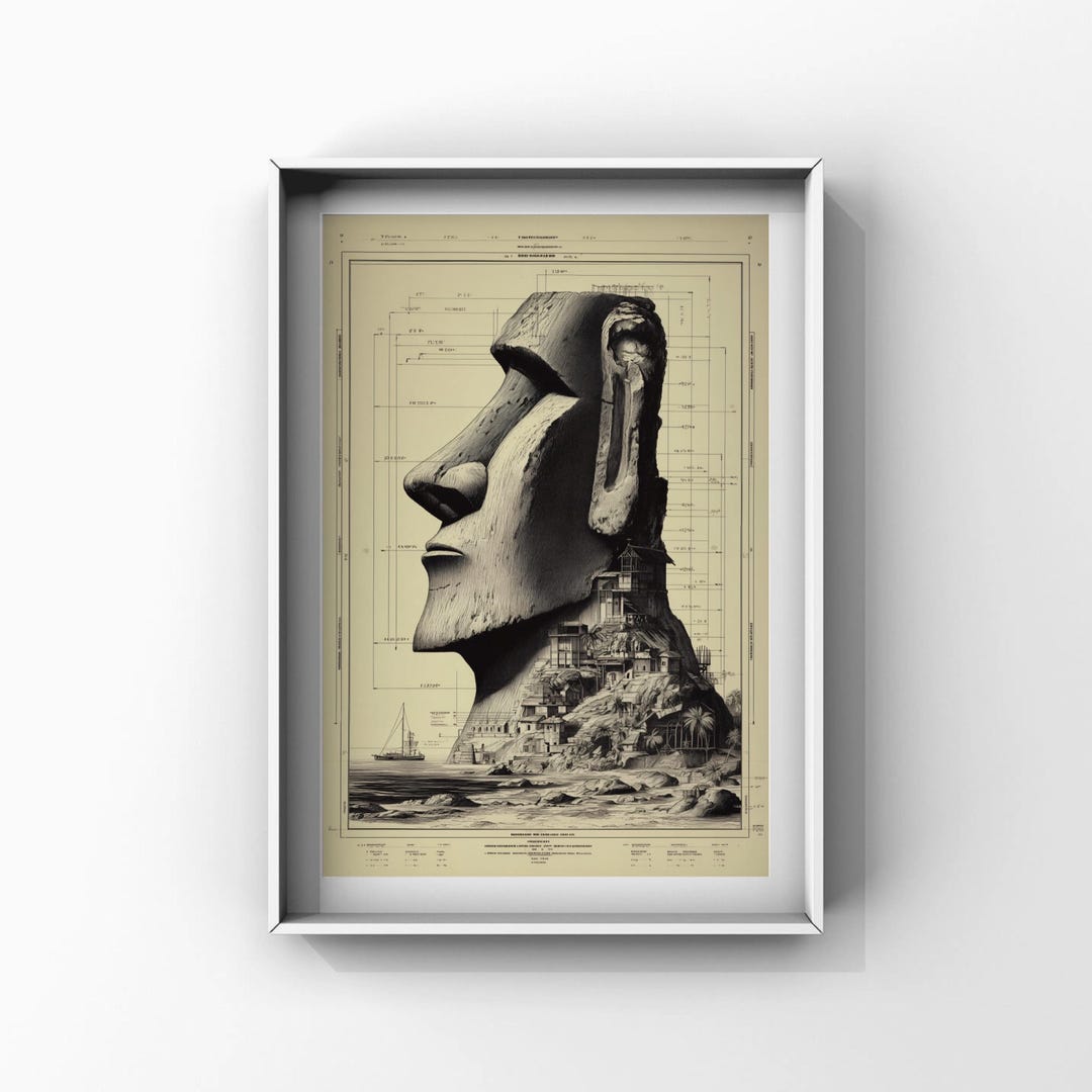 Easter Island Moai Blueprint Art Print, Fantasy Coastal Village ...