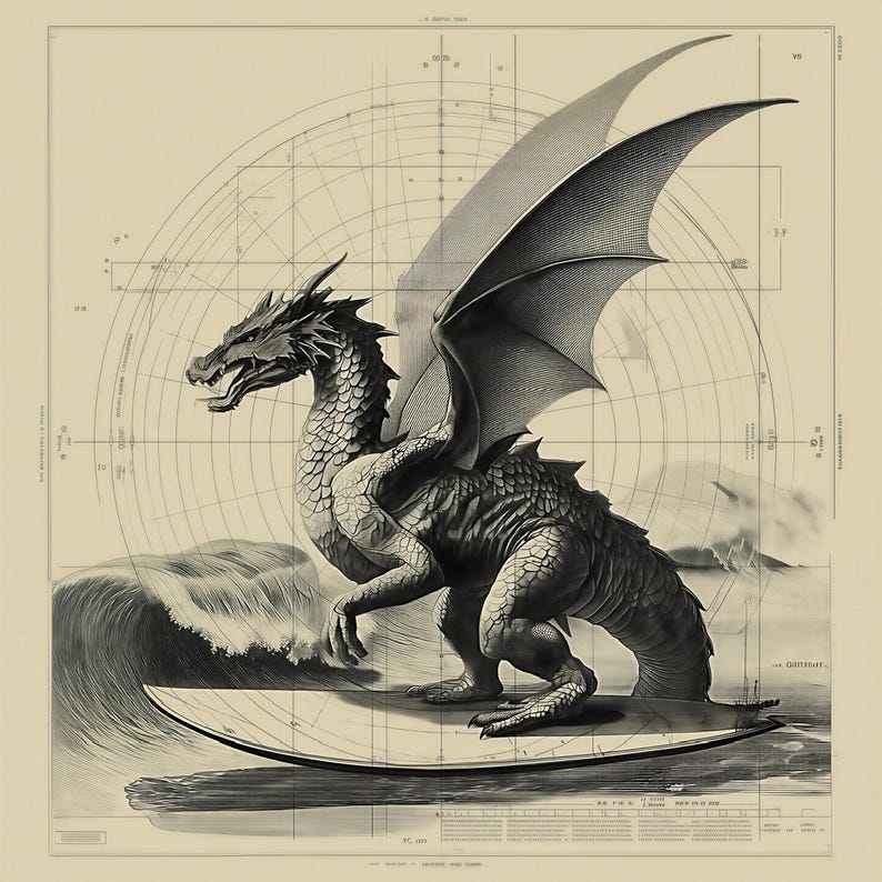 Surfing Dragon Art Print – Fantasy Seascape Illustration (digital ...
