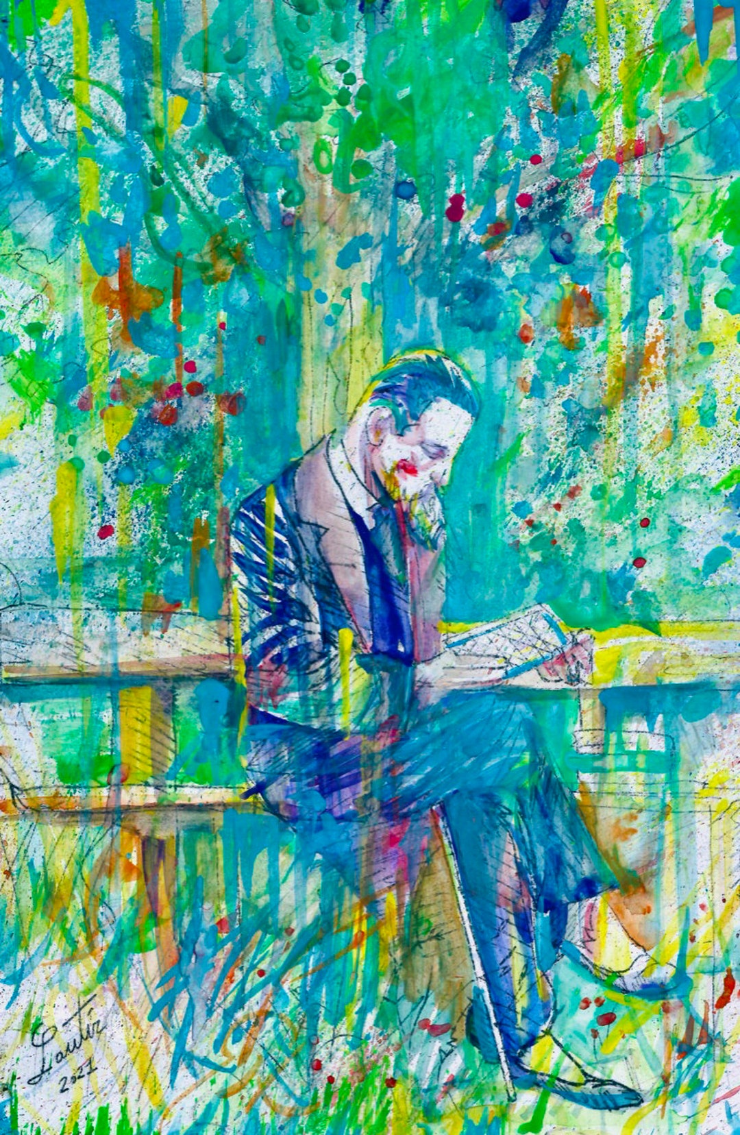 RAINER MARIA RILKE Reading Under a Tree - Watercolor Portrait - Poster ...