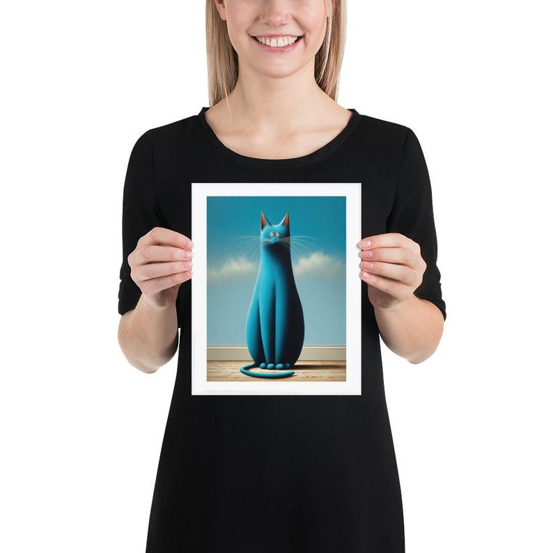 Surreal Tall Blue Cat Poster, Vibrant Orange Eyes, Whimsical Wall Art ...