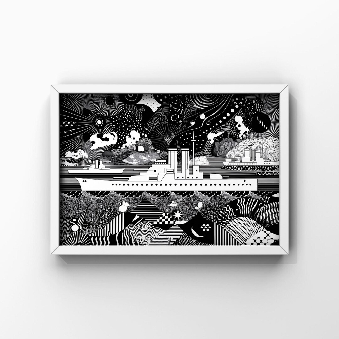 Naval Battle Print – Black and White Warships Seascape (digital ...