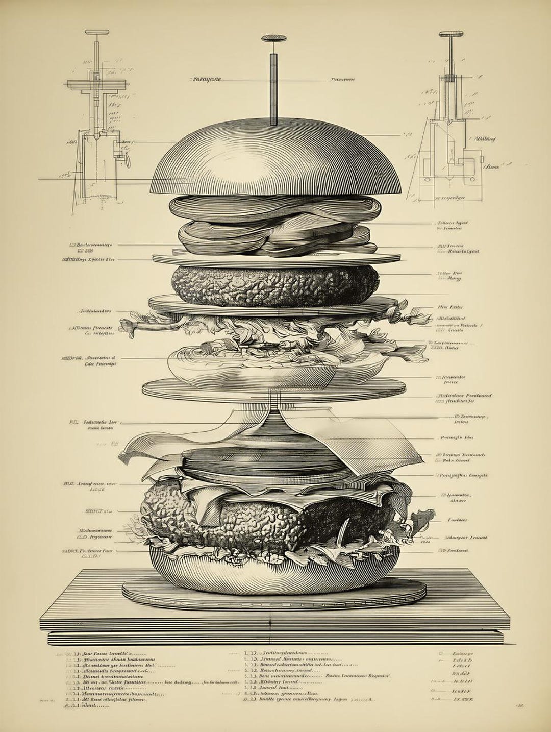 Antique Burger Blueprint Poster, Black and White Hamburger Diagram - Etsy