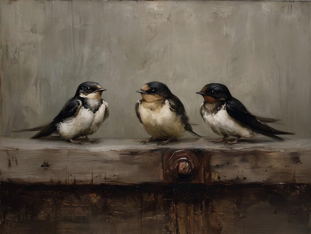 Three Swallows Art Print, Rustic Bird Painting, Wall Decor - Etsy